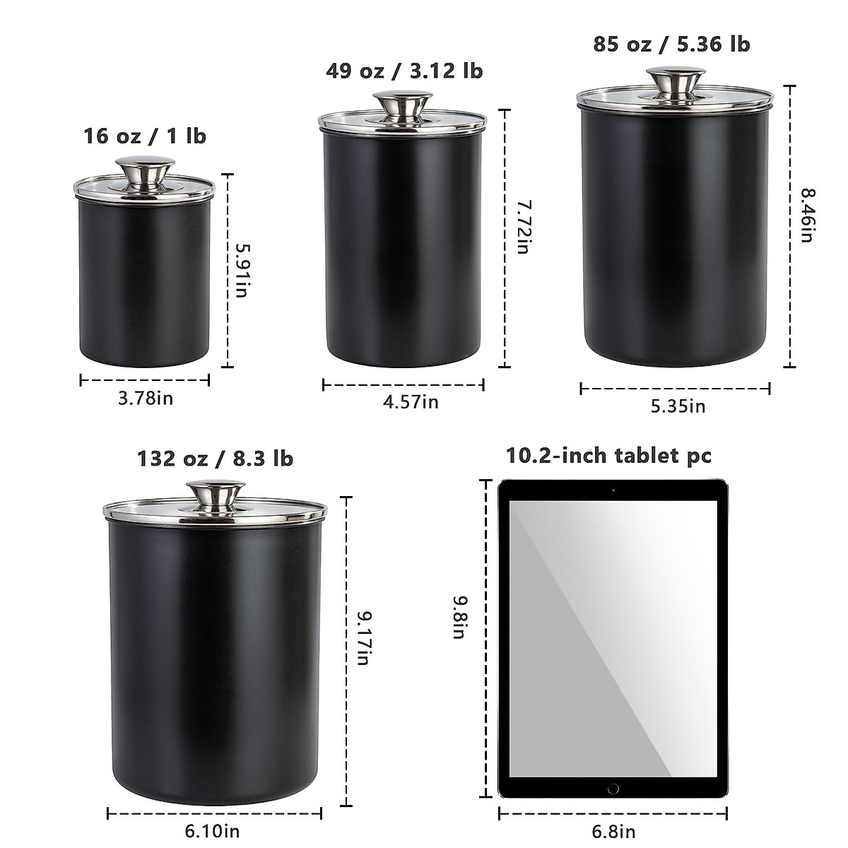 malmo Stainless Steel Food Canister Set of 4-Piece, 40.5/71/98/132 Ounces,Airtight Containers with Glass Lid for Tea,Coffee,Sugar,Flour,Pantry Kitchen Storage Storeroom Counter (Black)