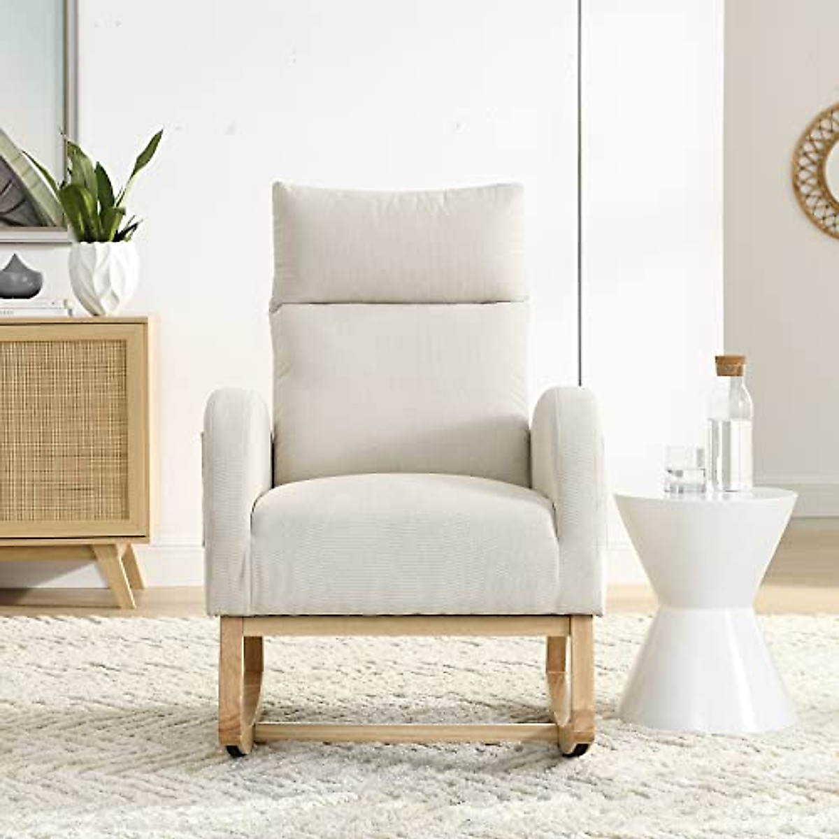 Morhome Modern Tufted Accent Rocking Chair, Upholstered Nursery Glider Rocker with High Backrest for Baby and Kids, Set of 1, Beige