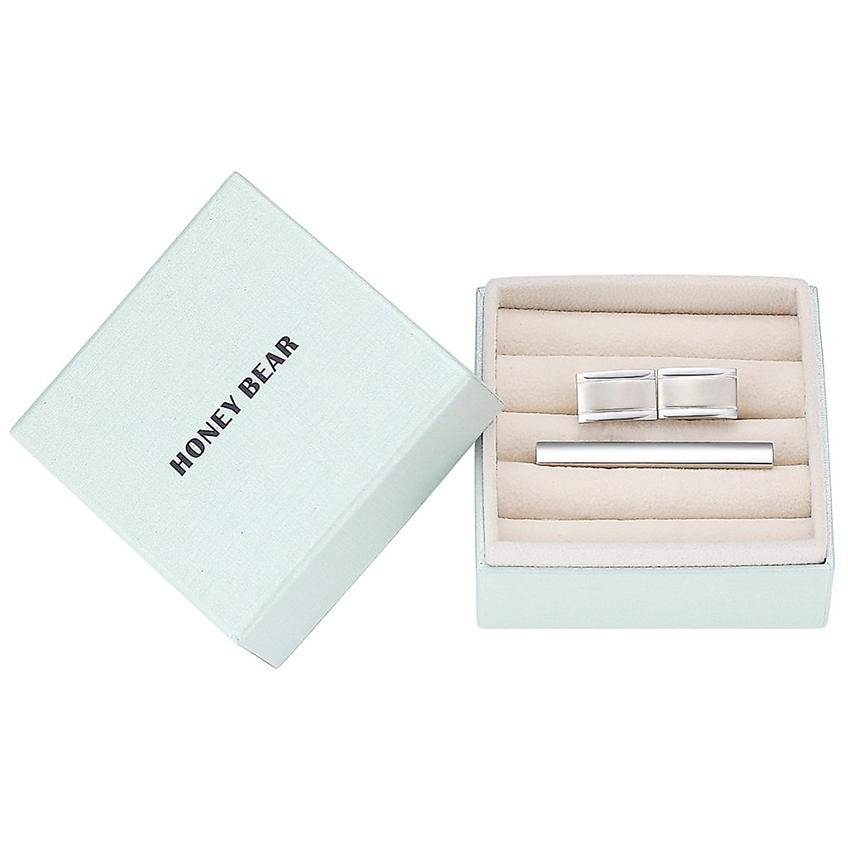 HONEY BEAR Rectangle Cufflinks Tie Clip Set Mens Business Wedding Gift Silver with Box
