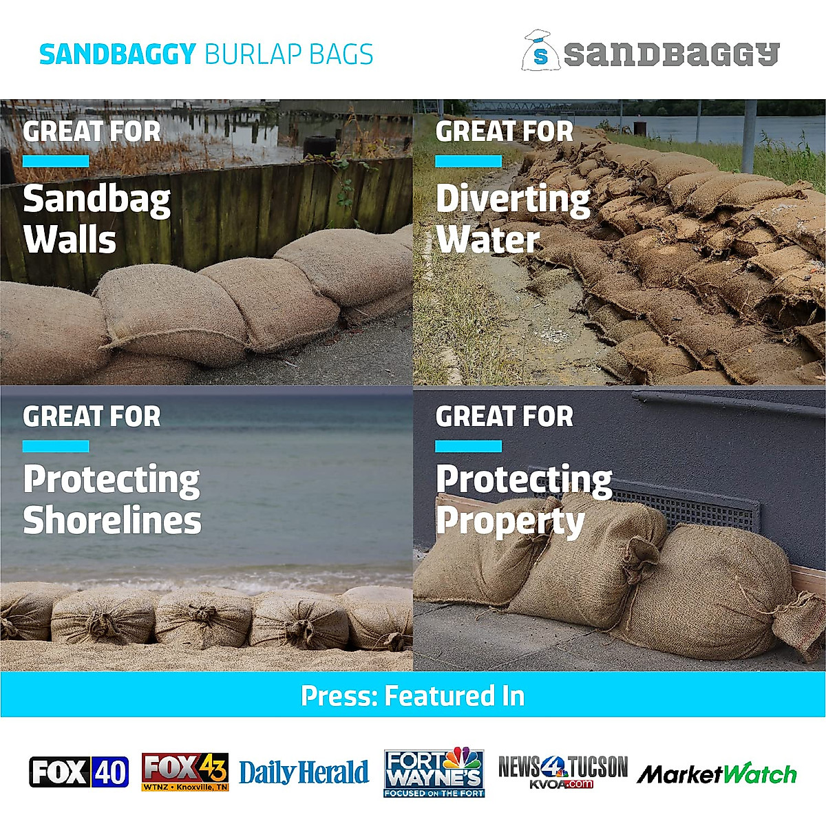 Sandbaggy Burlap Sand Bag - Size: 14" x 26" - Sandbags 50lb Weight Capacity - for Flooding, Flood Water Barrier, Tent Sandbags, Store Bags - Sand Not Included (5 Bags)
