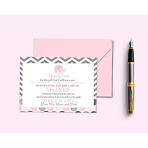 Pink Elephant Baby Thank You Cards, 15 Pack – Cute Baby Shower Notes with Envelopes Set, Prefilled Message, Customizable and Personalize Blank Stationery Royal Jungle, New Parents Gift Ideas