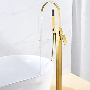 Sevenfalls 8018 Floor Mount Freestanding Bathtub Faucet Single Handle Tub Filler with Handheld Shower, Brushed Gold