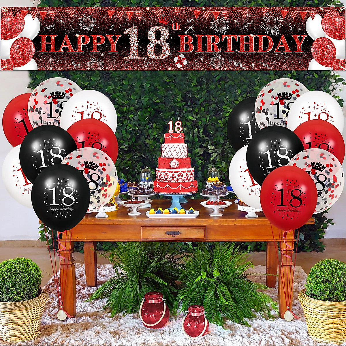 VXTRRI Red 18th Birthday Decorations for Boys Girls, Red Black Glitter 18th Birthday Banner Yard Sign and 16Pcs Red Black 18th Birthday Latex Balloons for 18th Birthday Anniversary Party Supplies