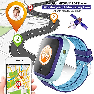 Upgraded 4G GPS Smartwatch for Girls Boys, IP67 Waterproof Sport Smart Watch Phone for Kids, with Camera WiFi Video Call Phone Call SOS Pedometer, 2-Style Watch Straps for Children 3-14 Years-Blue