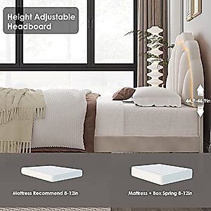 HIFIT Full Upholstered Smart LED Bed Frame with Adjustable Elegant Flowers Headboard, Platform Bed Frame Full Size with Wooden Slats Support, No Box Spring Needed, Easy Assembly, Beige