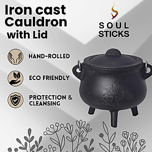 SOUL STICKS Reusable 6 Cast Iron Cauldron with Lid and Hanging Handle for Spell Casting, Smudging, Ritual & Blessings Pot Belly Witchcraft (Tree of Life)