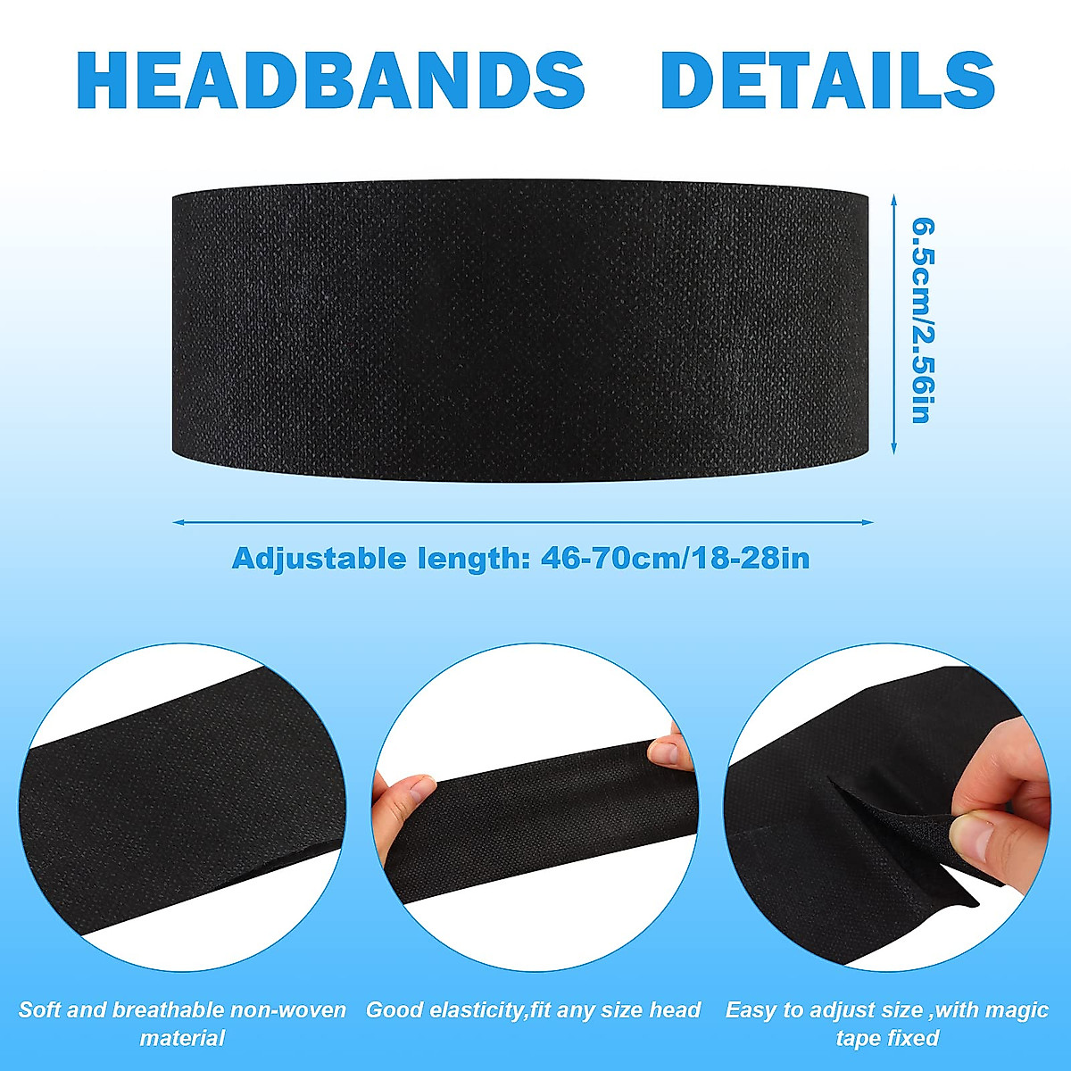 PINKXHY 128 Pieces Disposable Spa Facial Headbands Stretch Non Woven Facial Headbands Soft Skin Care Hair Band with Convent Closure for Women Girls Salons Esthetician Supplies, Black Large