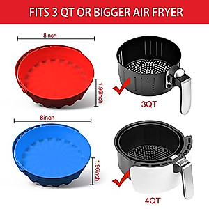 2 Pack Air Fryer Silicone Liners Pot, Reusable Replacement of Flammable Parchment Paper, 8 Inch Non Stick Silicone Bowl for 3 to 5 QT, Foldable Baking Basket for Cooker Accessories,(Round, Blue & Red)
