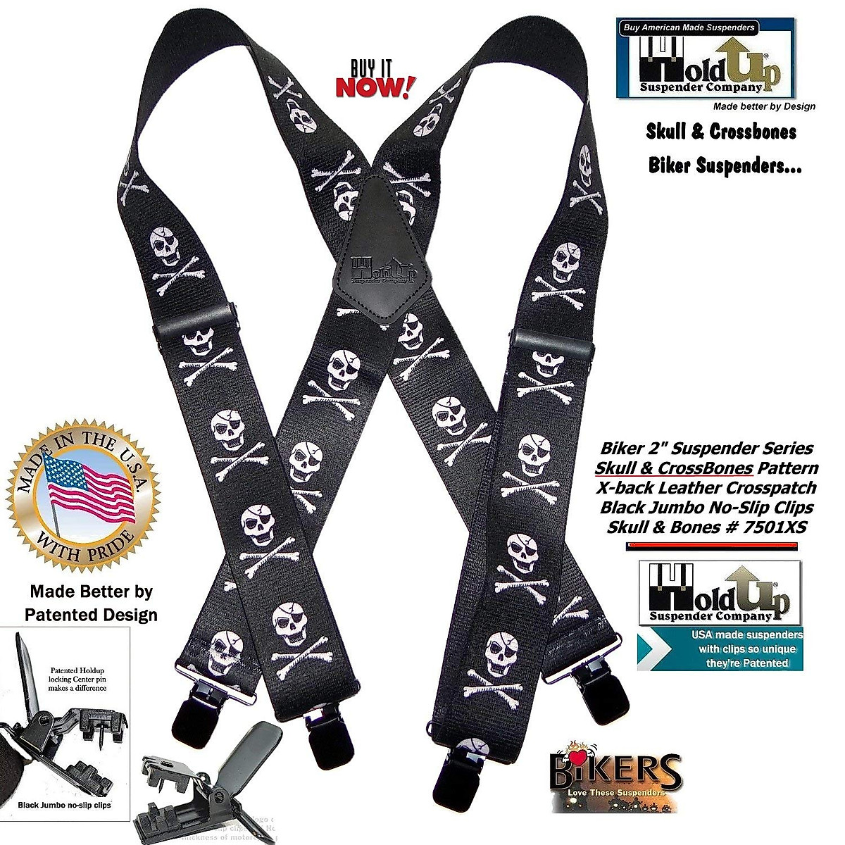 Holdup Suspender Company 2" wide Biker Skull & Crossbones Suspenders for Men with Patented Jumbo black metal no-slip Clips