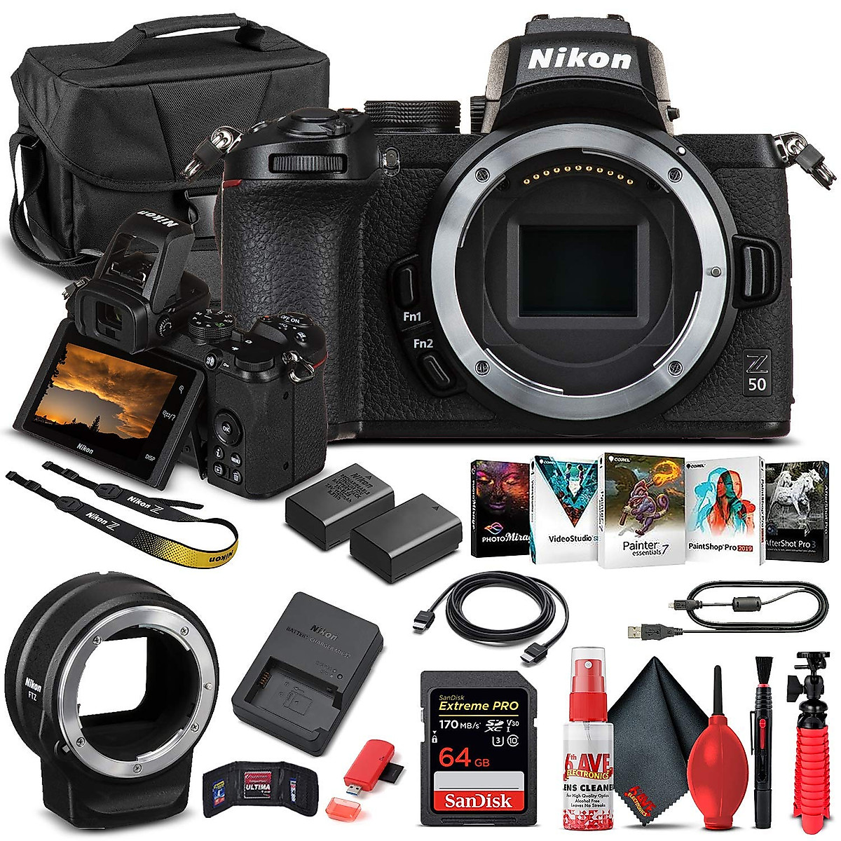 Nikon Z 50 Mirrorless Digital Camera (Body Only) (1634) + FTZ Mount Adapter + EN-EL25 Battery + 64GB Card + Case + Corel Software + HDMI Cable + Cleaning Set + More (International Model) (Renewed)
