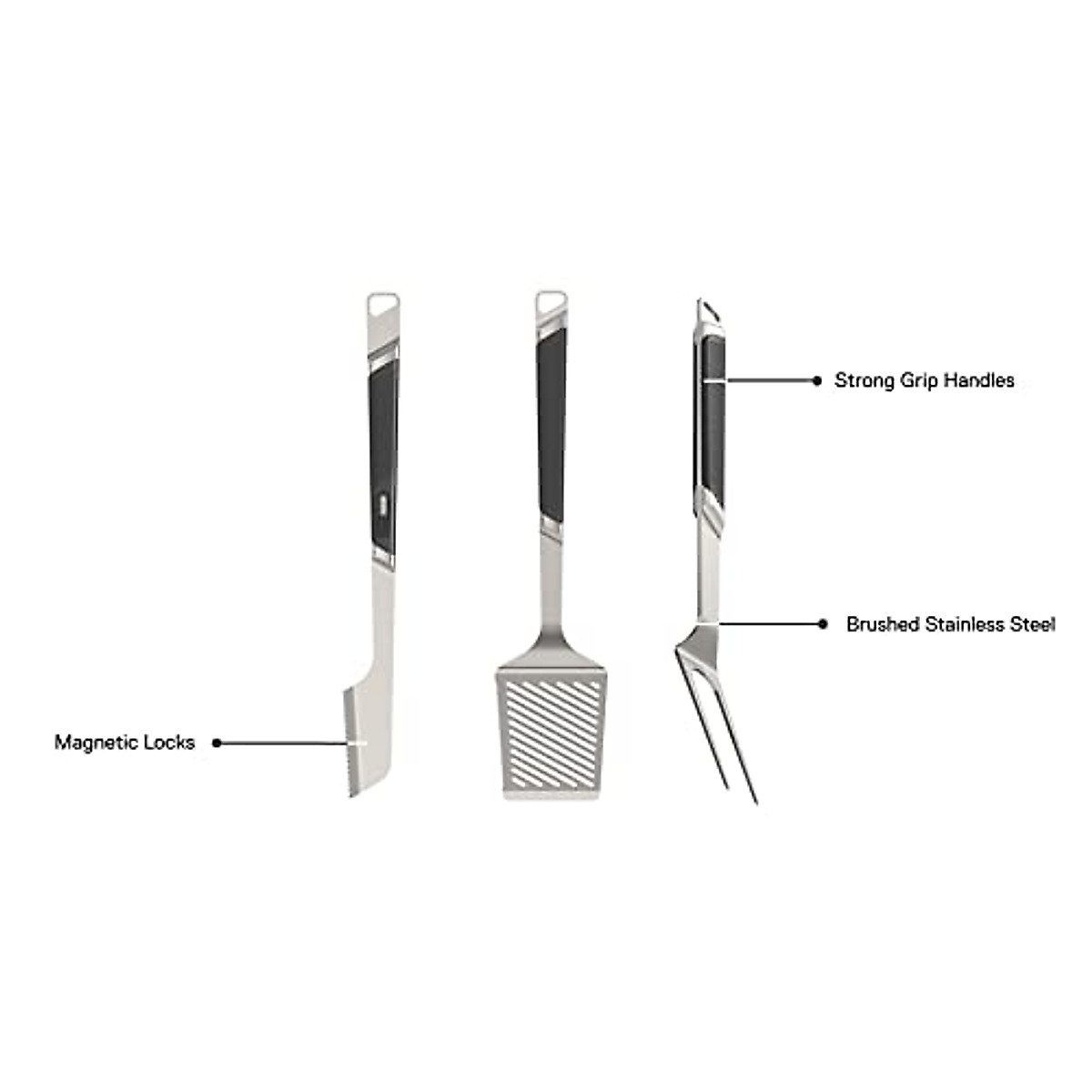 Everdure by Heston Blumenthal Premium Pack of 3 BBQ Tool Kit: Brushed Stainless Steel Tongs, Spatula and Fork with Soft Grip Handles and Hang Zone