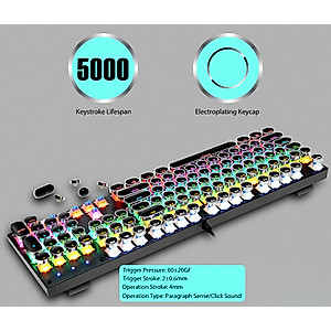 TISHLED Typewriter Style Mechanical Gaming Keyboard RGB LED Backlit 104-Key Clicky Blue Switches Retro Steampunk Round Keycaps Metal Panel Light Up Keyboard Wired USB for PC/Mac/Laptop, Black