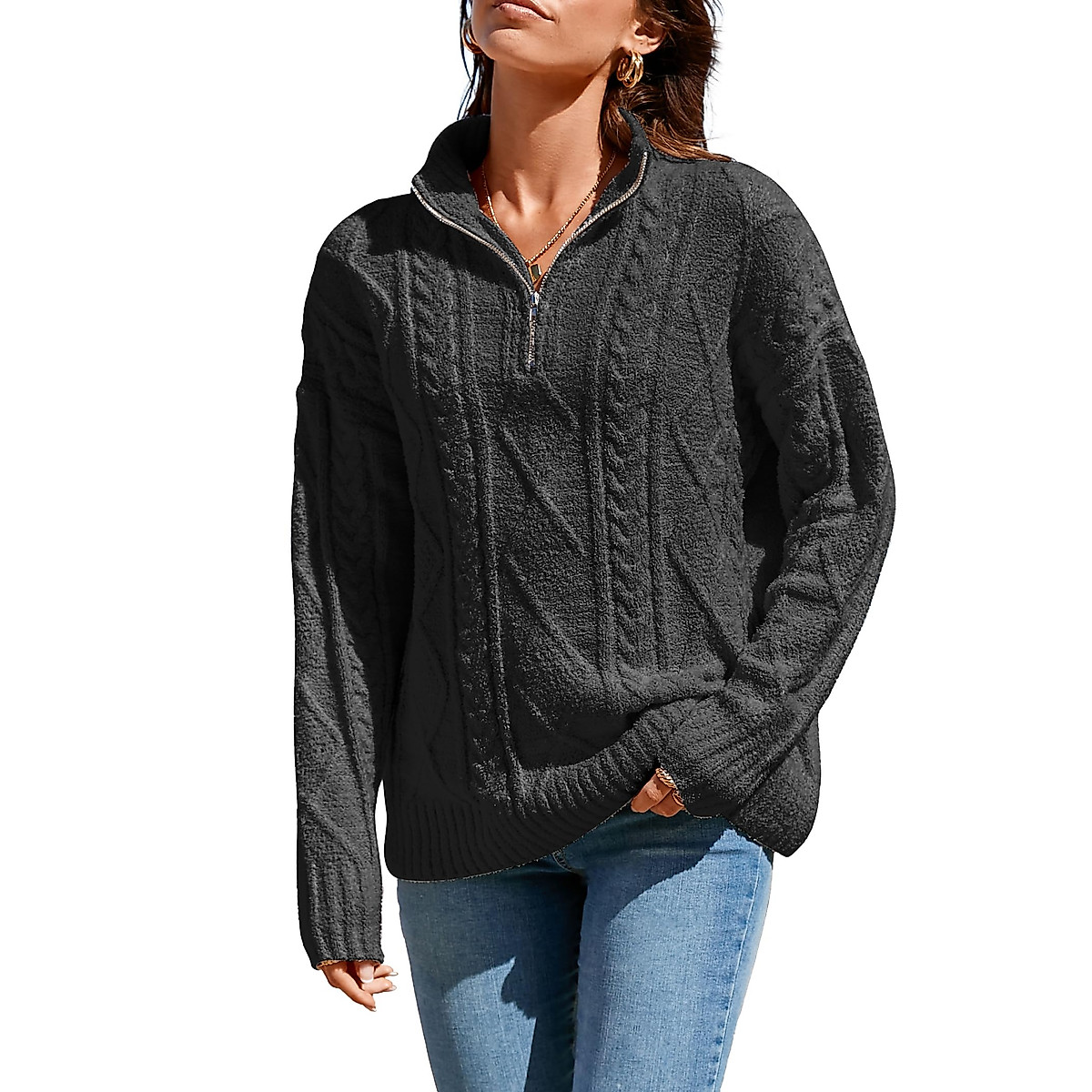 Famulily Long Sleeve V Neck Knit Sweater Solid Color Comfy Soft Pullover Sweaters Fall Winter Warm Jumper Tops Black L