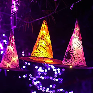 FUNPENY Halloween Decoration Lights, 8 PCS Waterproof Hanging Witch Hat with String Lights with Remote, Hanging Halloween Decorations for Indoor Outdoor Garden Yard Party Decor