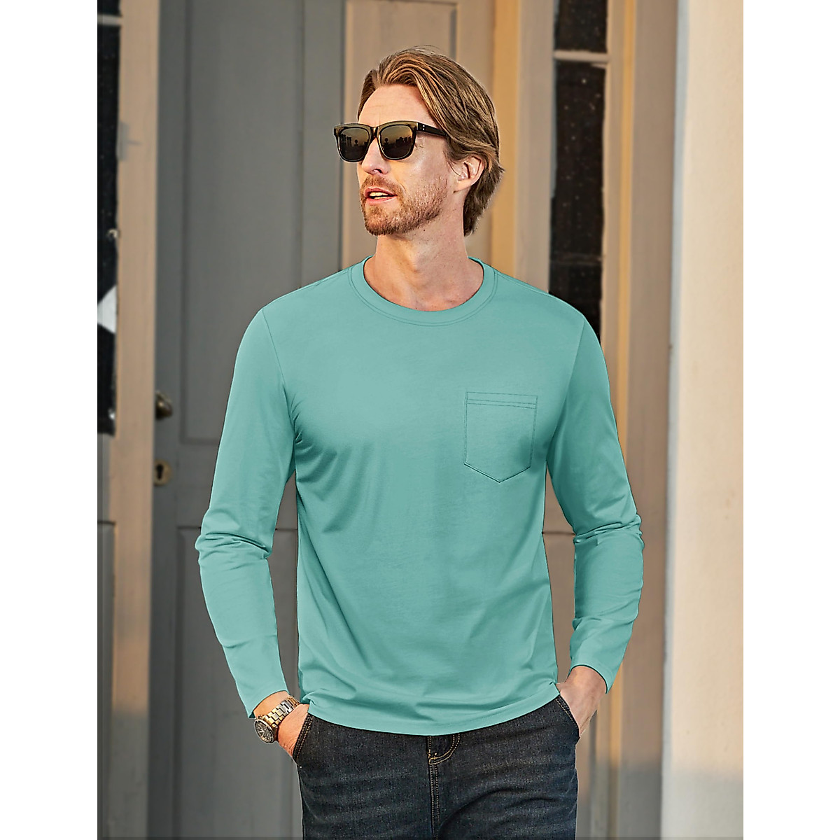 MAGCOMSEN Mens Long Sleeve Pocket T Shirt Breathable Cotton Shirt Lightweight Crew Neck Tee Shirt Grey Green,L