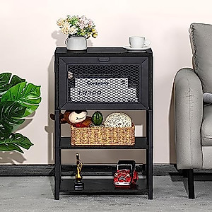 LEBOAHOUS Black Nightstands Set of 2 with Charging Station and USB Port, 3 Tier Industrial Night Stand, Bedside Table with Flip Storage Drawer and Open Shelf, End Side Table for Bedroom, Office, Dorm