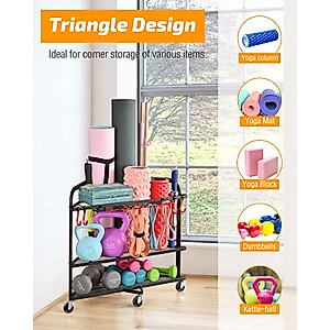 PLKOW Yoga Mat Storage Rack, Home Gym Storage Rack for Yoga Mat, Foam Roller, Resistance Bands, Yoga Block and Dumbbells, Rolling Workout Storage Rack with Wheels and Hooks, Powder Coated Finish Steel