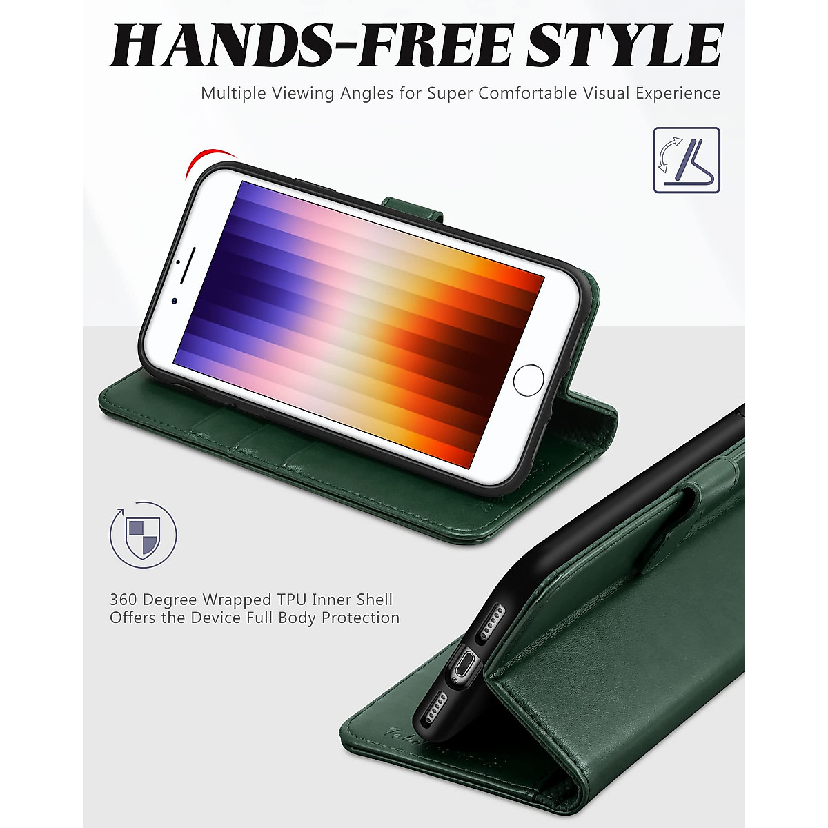 TUCCH Wallet Case for iPhone SE 2022/SE 2020/iPhone 8/7, PU Leather Folio Case with Stand Card Slot Magnetic Closure Flip Cover [TPU Interior Case] Compatible with iPhone SE 3/SE2/8/7, Midnight Green