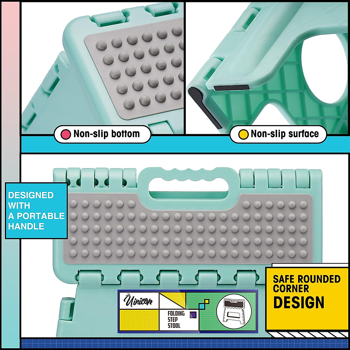 Uinicor 9" Folding Step Stool for Adults and Kids Holds Up to 300 lbs,Non-Slip Folding Stools with Handle, Compact Plastic Foldable Step Stool for Bathroom,Bedroom, Kitchen,Teal 1pc