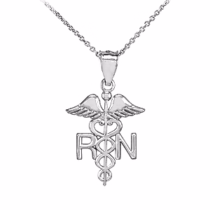 American Heroes Polished 14k White Gold Caduceus RN Charm Registered Nurse Pendant Necklace, 16"