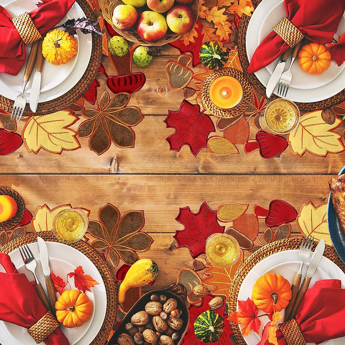 6 Pcs Embroidered Maple Leaves Placemats Thanksgiving Table Placemats Leaf Placemats for Home Kitchen Dinning Thanksgiving, Fall or Autumn Harvest Decorations (Maple Style, 11 x 17 Inch)