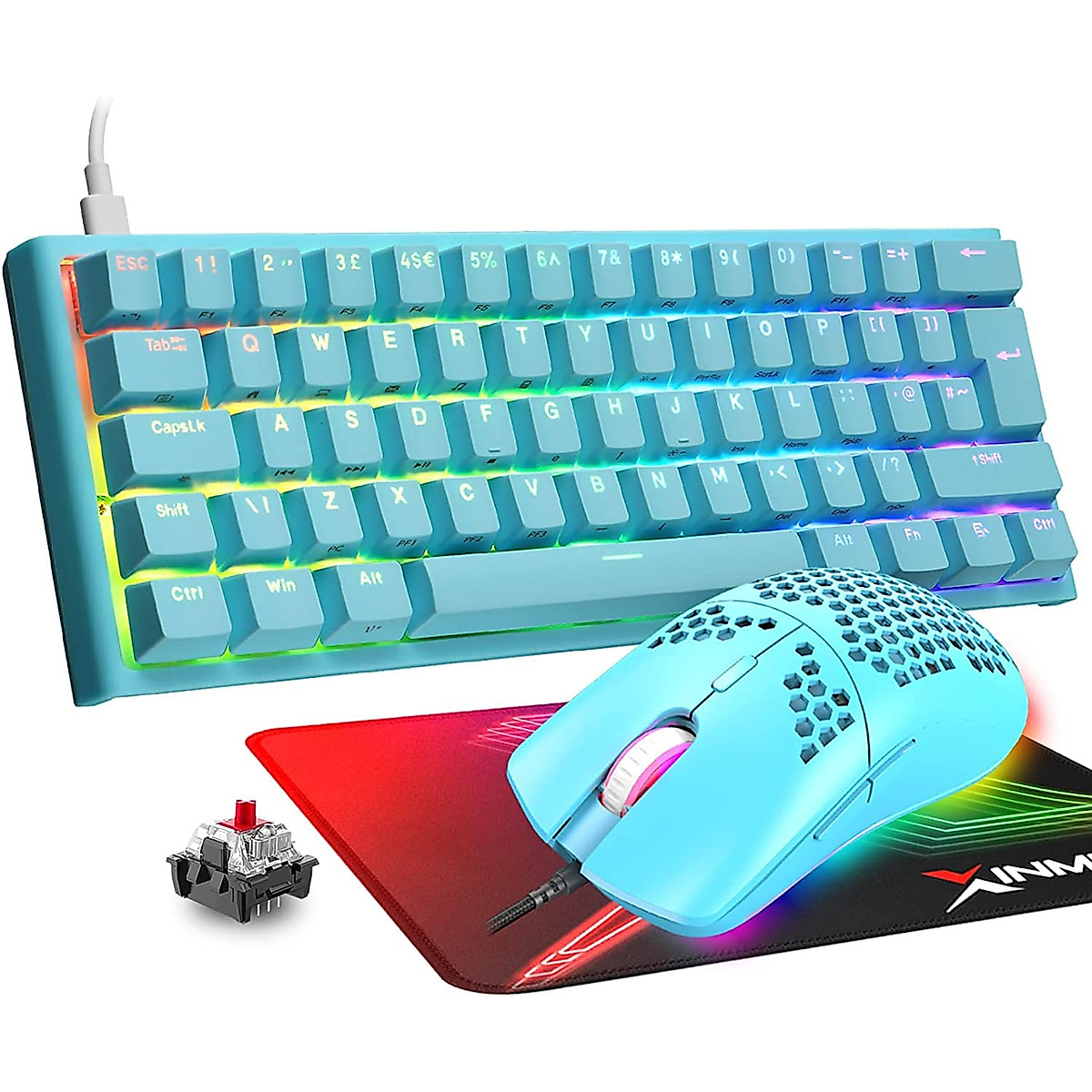 MAGIC-REFINER 60% Mechanical Gaming Keyboard Red Switch Mini 62 Keys Wired Type C 14 Backlit Effects,Lightweight RGB 6400 DPI Honeycomb Optical Mouse Mouse pad for Windows & Mac PC Gamer(Blue)