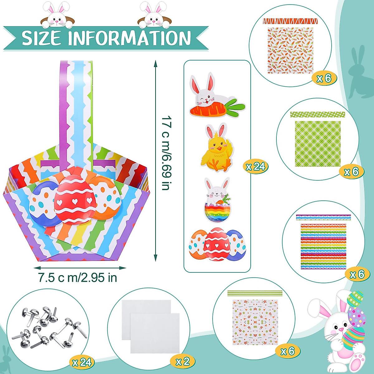 24 Pieces Paper Easter Treat Boxes Easter Treat Baskets Easter Gift Box with Handle Rabbit Egg Easter Basket Candy Goody Cookie Boxes Holder for Party Favor Supplies