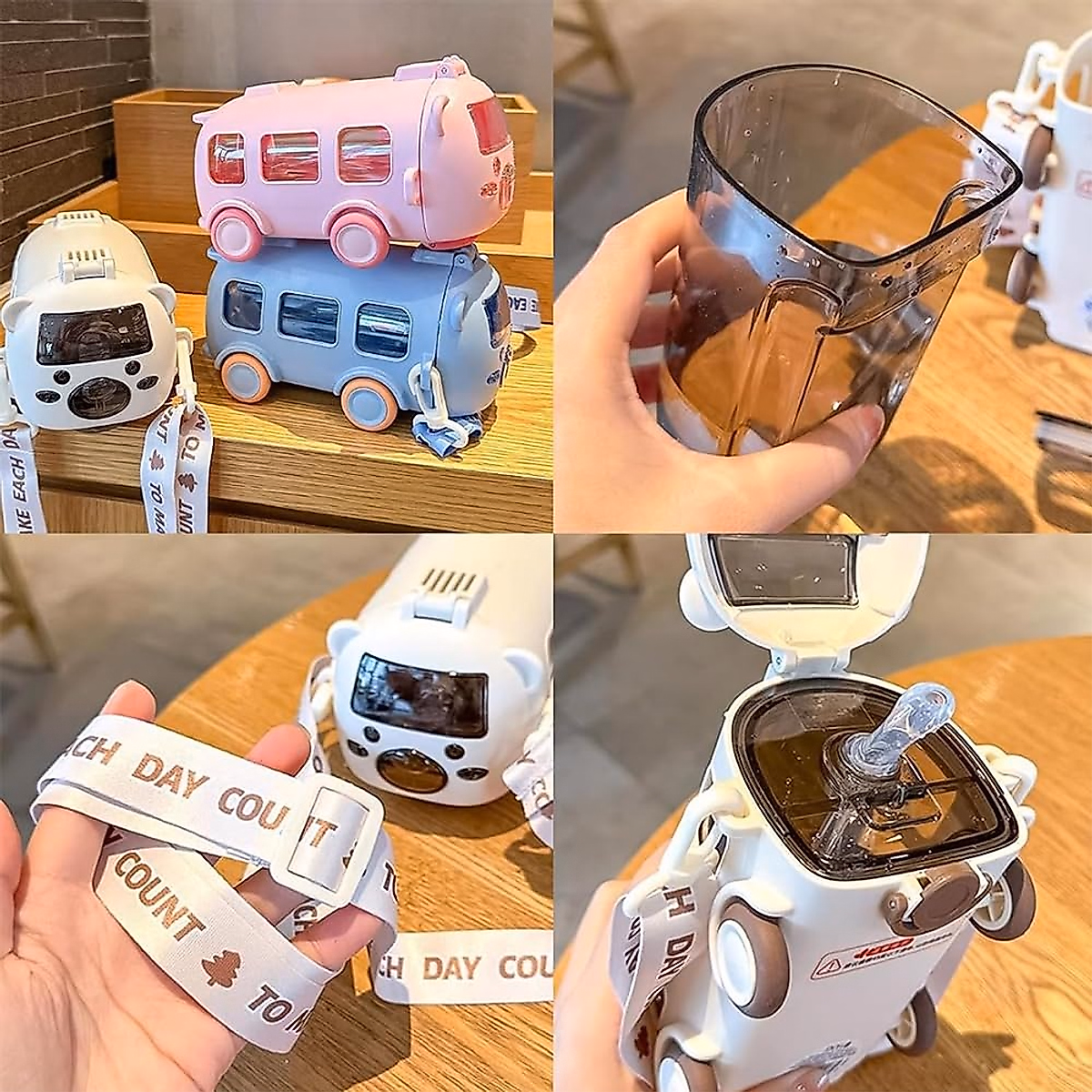 Portable Water Cup in Bus Shape with Strap, 16.9Oz Leak Proof Bus Shaped Water Cup Bottle, Portable Cute Bounce Flip Top Straw Drinking Bottle, Detachable Fun Cars Jug Toy for Camping (blue)