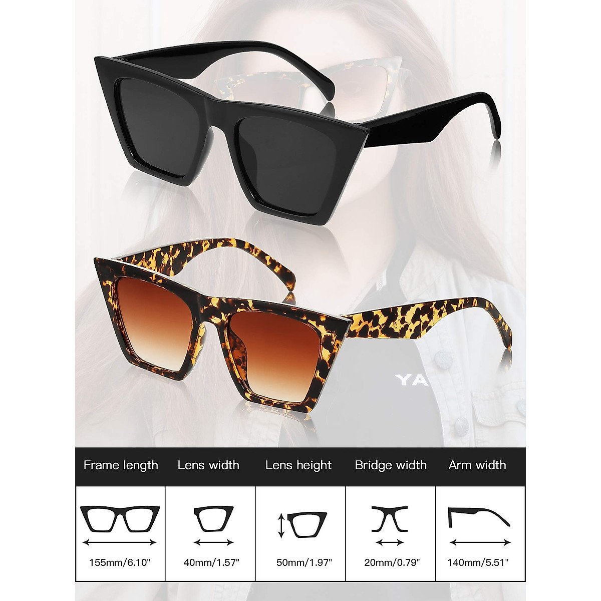 2 Pair Vintage Square Cat Eye Sunglasses Women Retro Trendy Cateye Sunglasses