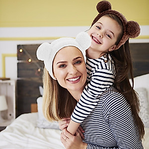 YISSION 2PCS Bear Ears Spa Headband No Slip Head Band for Face Wash Makeup Skincare Facial Headband Elastic Hair Band Carol Fleece Headbands for Women Girls (White Coffee)