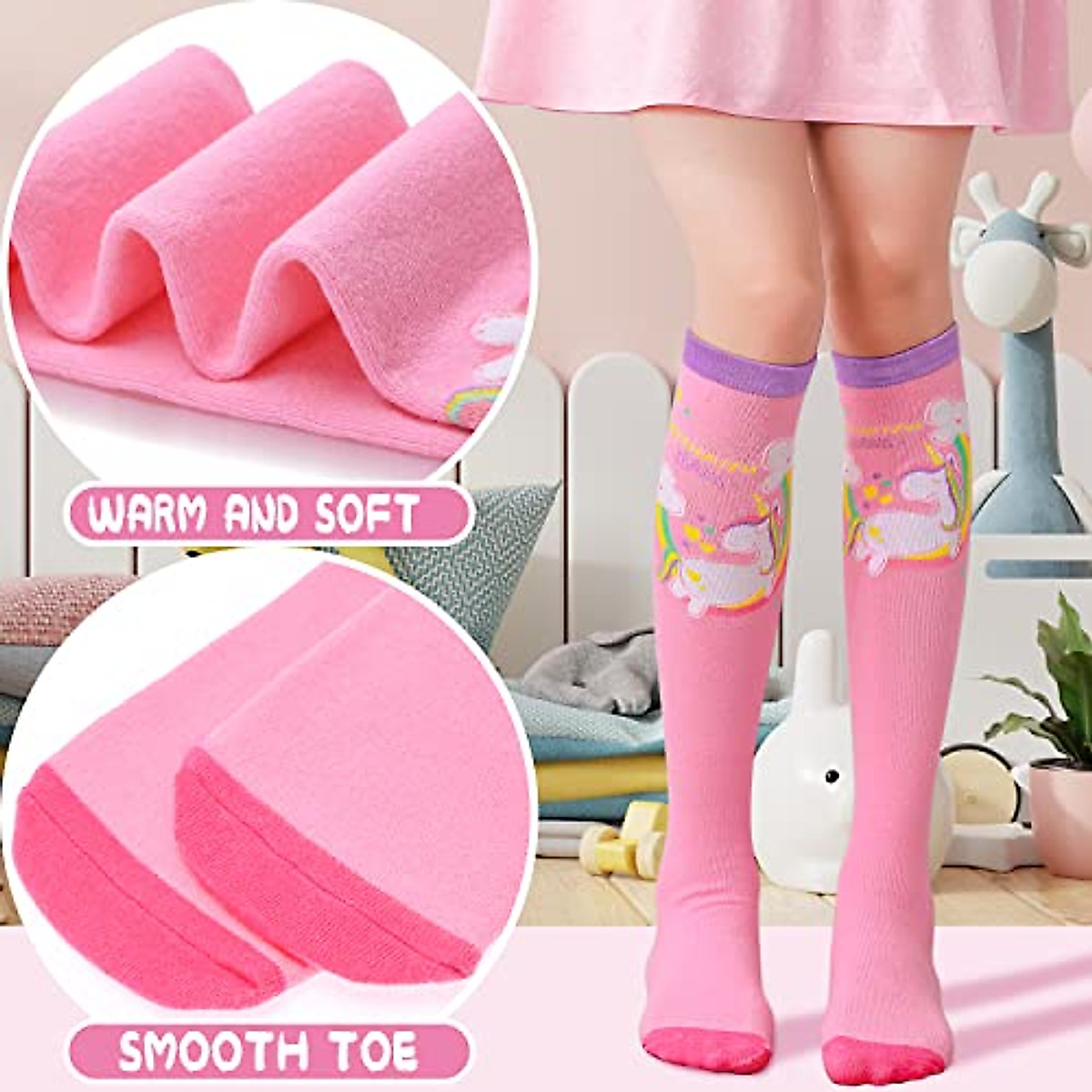 Kids Girls Knee High Socks Unicorn Gift Long Boot Crazy Silly Fun Animal Socks Tall Funny Colorful Stocking Stuffer Child Socks 6 Pairs (Animal Rainbow Unicorn)