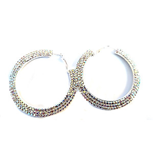 Large Crystal Iridescent Rhinestone Hoop Earrings 2.5 Inch ABS Rhodium Crystal Hoop Earrings