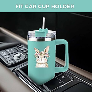 LB LEOBON 40 ounce insulated cup with handle, double-layer vacuum stainless steel material, equipped with straw, can keep warm or maintain cold drinks Easter Rabbit D Lake Green