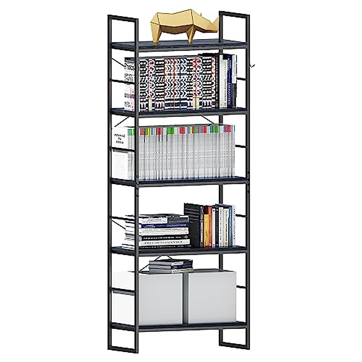 SAILUN 5 Tier Bookshelf, Free Standing Bookcase, Book Shelf with Metal Frame, Storage Rack Shelves Organizer for Bedroom, Living Room, Dark Black