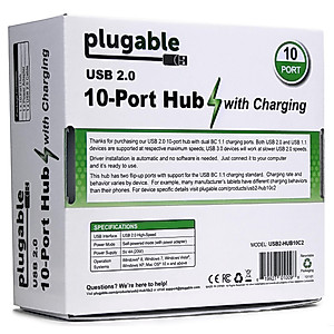 Plugable USB Hub, 10 Port - USB 2.0 with 20W Power Adapter, Two Flip-Up Ports and Driverless