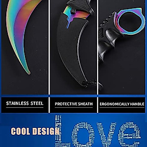 TOPOINT Karambit Knife, Stainless Steel Fixed Blade Knife with Sheath and Cord Knife CS-GO for Hunting Camping and Field Survival (Rainbow)