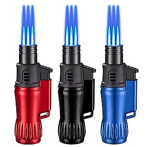 Torch Lighter, 3 Pack Triple Jet Flame Butane Lighters, Adjustable Windproof Flame Lighter with Flame Fixed Lock, Durable Portable Lighters for Candle Camping Kitchen Family Use(without Butane Gas)