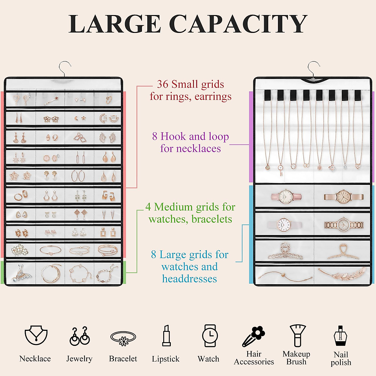 Elegant Hanging Jewelry Organizer for Closet, Double-Sided Dustproof Closet Jewelry Organizer for Earrings Necklaces Rings, Metal Hooks Wall Hanging Jewelry Organizer for in Hanging Closet, Wall, Door