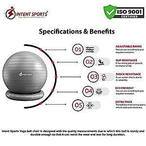 INTENT SPORTS Yoga Ball Chair – Stability Ball with Inflatable Stability Base & Resistance Bands, Fitness Ball for Home Gym, Office, Improves Back Pain, Core, Posture & Balance (65 cm) (Gray)