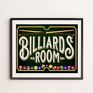"Billiards Room" -Vintage Pool Room Sign - 14 x 11" Rustic Game Room Wall Art Print -Ready to Frame. Home-Play Room-Bar-Shop-Man Cave Decor. Great Gift for All Pool Sharks! Printed on Photo Paper.