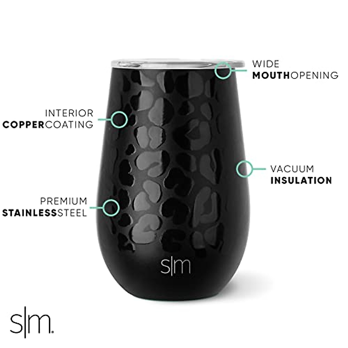 Simple Modern Wine Tumbler with Lid | Cute Stemless Glass Cup with Press-In Lid | Insulated Stainless Steel Coffee Mug | Gifts for Women Men Him Her | Spirit Collection | 12oz | Black Leopard