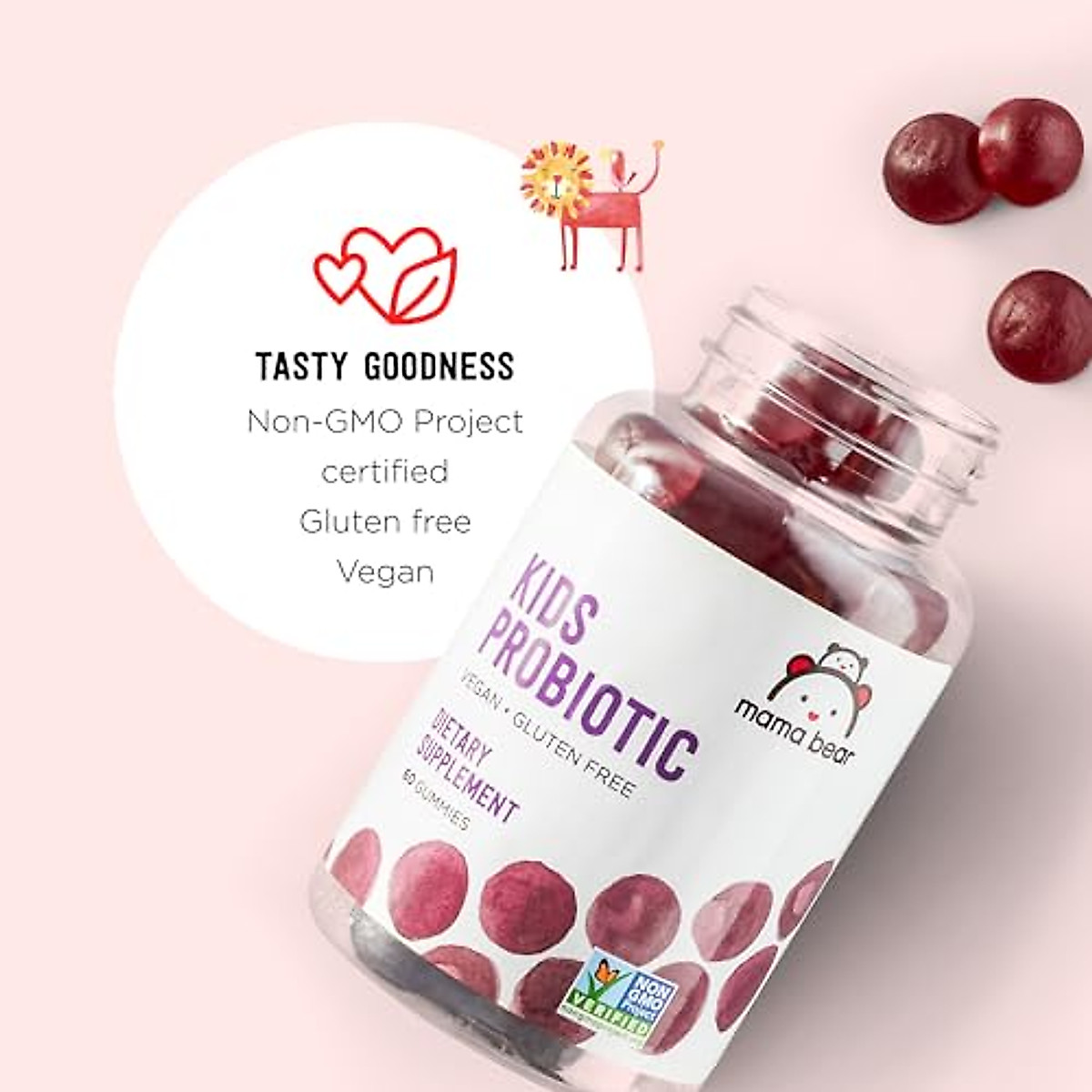 Amazon Brand - Mama Bear Vegan Probiotic, Berry, 60 Gummies, 1 Billion CFU per Gummy