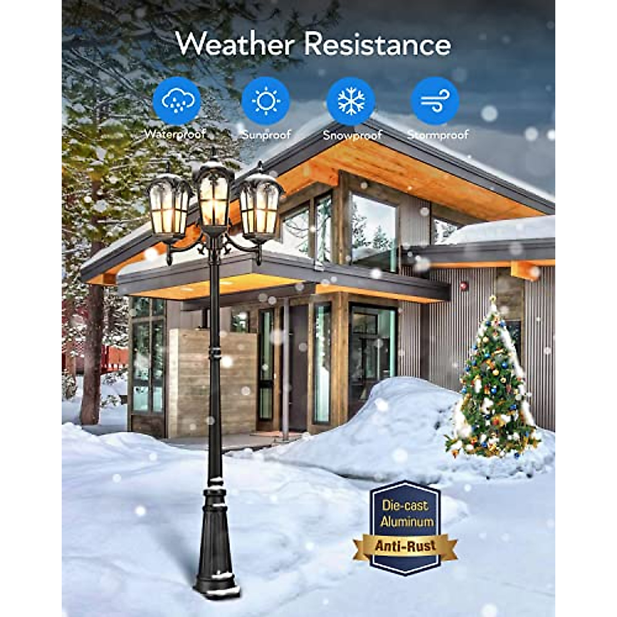 VIANIS 3-Head Outdoor Lamp Post Light Fixture, Black Outdoor Light Dusk Dawn Sensor for Lamp Post, Waterproof Anti-Rust Aluminum Housing with Tempered Glass, Street Light for Garden, Patio, Driveway