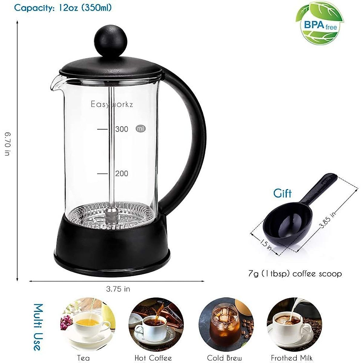 Easyworkz Eclipse French Press 12 oz Coffee Tea Maker with Borosilicate Glass