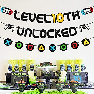 Happy 10th Birthday Banner Level 10s Unlocked Decoration Video Game Controller Level Up Theme Bday Decor for Boys Girls Children Kids Tenth Birth Anniversary Event Supplies
