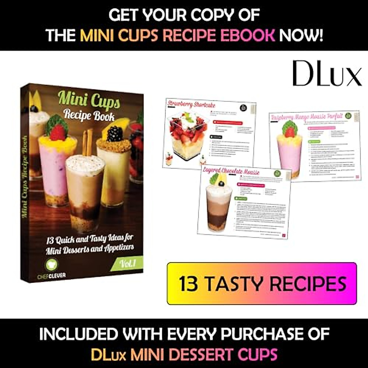 DLux 50 x 5 oz Mini Dessert Cups with Spoons, Large Swirl - Clear Plastic Parfait Appetizer Cup - Small Reusable Serving Bowl for Tasting Party Desserts Appetizers - With Recipe Ebook