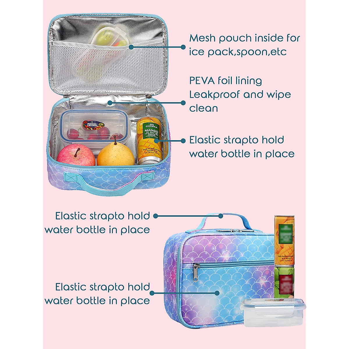 BLUEFAIRY Girls Backpack with Lunch Box Set Mermaid School Bag Set for Kids Elementary Primary School Book Bags Back to School Bookbags for Childs Lightweight Mochila para Niñas Cute Gifts Aged 4-8