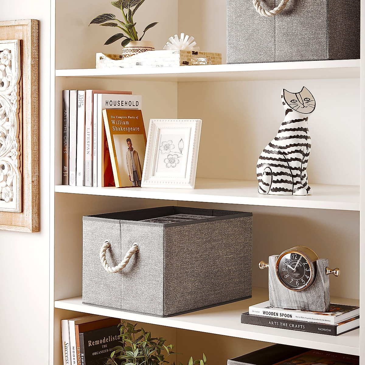 SONGMICS Fabric Storage Boxes, Set of 3 Storage Cubes, Foldable Baskets with Handles, 15.7 x 11.8 x 9.8 Inches, Toy Storage, Linen Pattern, Gray URFB013G01