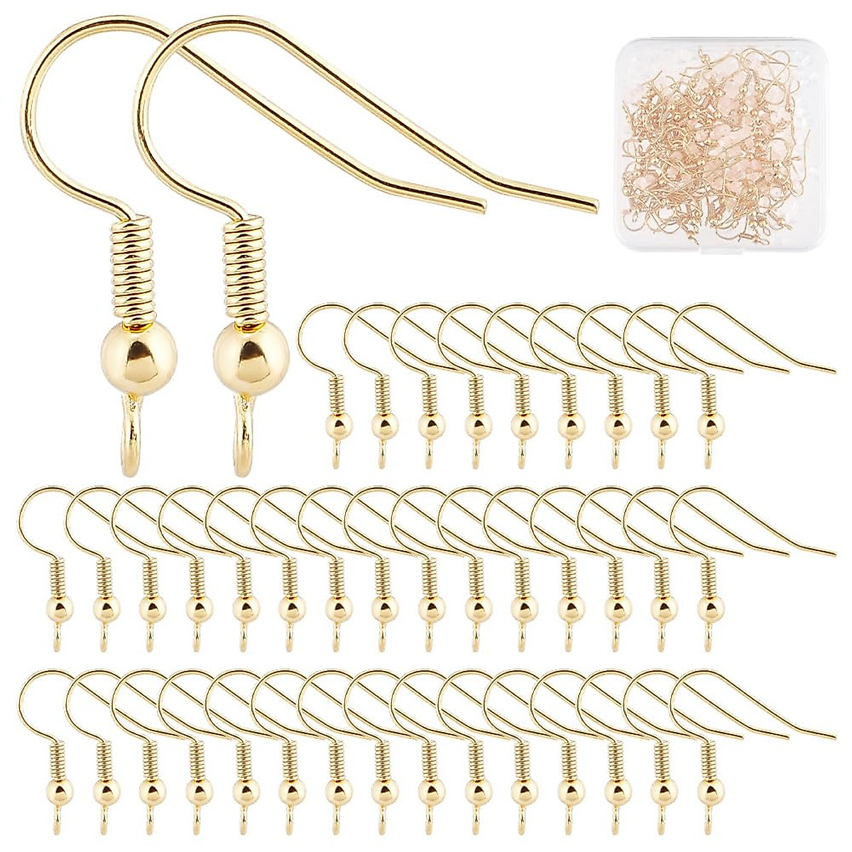 CREATCABIN 110Pcs 18K Gold Plated Earring Hooks Ear Wires Fish Hook Ball End Fish Earring Drop Dangle Coil Wires Connector Earring Findings with 220Pcs Plastic Ear Nuts for DIY Jewelry Making 19x20mm