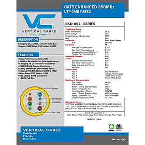 Vertical Cable Cat5e, 350 MHz, UTP, 24AWG, 8C Solid Bare Copper, 1000ft, Blue, Bulk Ethernet Cable - 054 Series